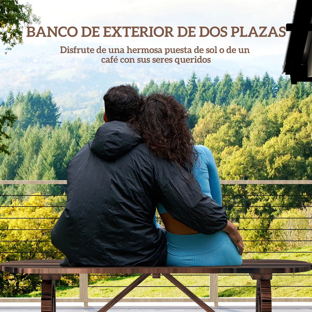 Outsunny Dvousedací Zahradní Lavice Dřevěná Lavice se 2 Dekorativními Koly Rustikální Styl Nosnost 200 kg pro Patio Terasu 120x29x39 cm Spálená