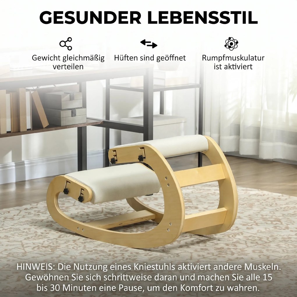 HOMCOM Klekací Židle, Ergonomická Houpací Dřevěná Klekací Židle, Nastavitelná Klekací Stolička pro Domácí Kancelář, Zlepšení Držení Těla, Bolesti Zad…