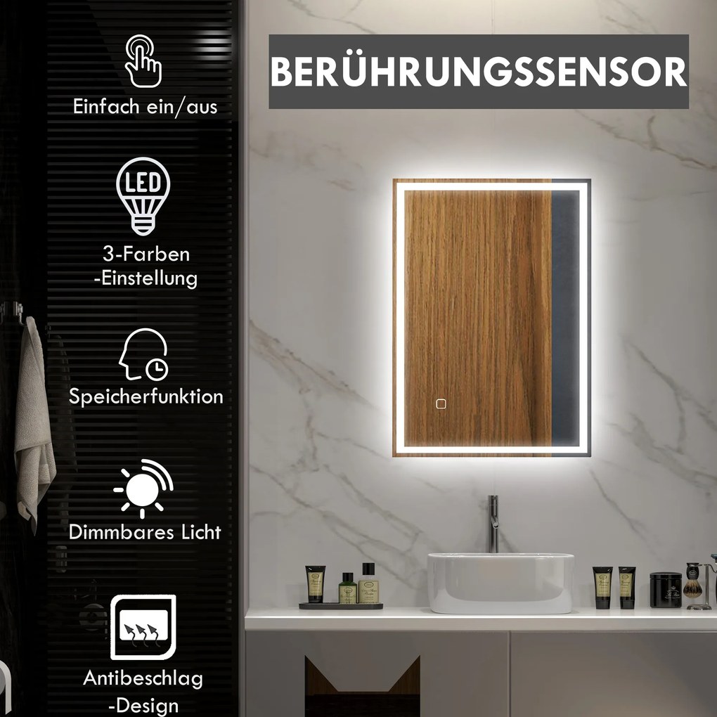 HOMCOM LED koupelnové zrcadlo 80x60cm, nástěnné, bez mlhy, s dotykovým spínačem, IP44 pro moderní koupelny | Aosom.de
