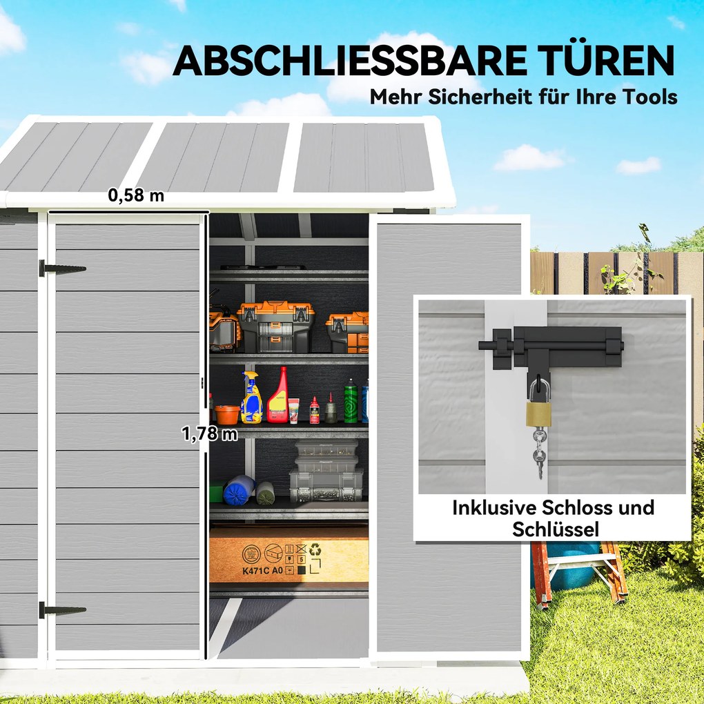 Zahradní kůlna Outsunny s povrchem připomínajícím staré dřevo, 2,91 m², s dvojitými dveřmi a zámkem, šikmou střechou, 181x181x220 cm, šedá