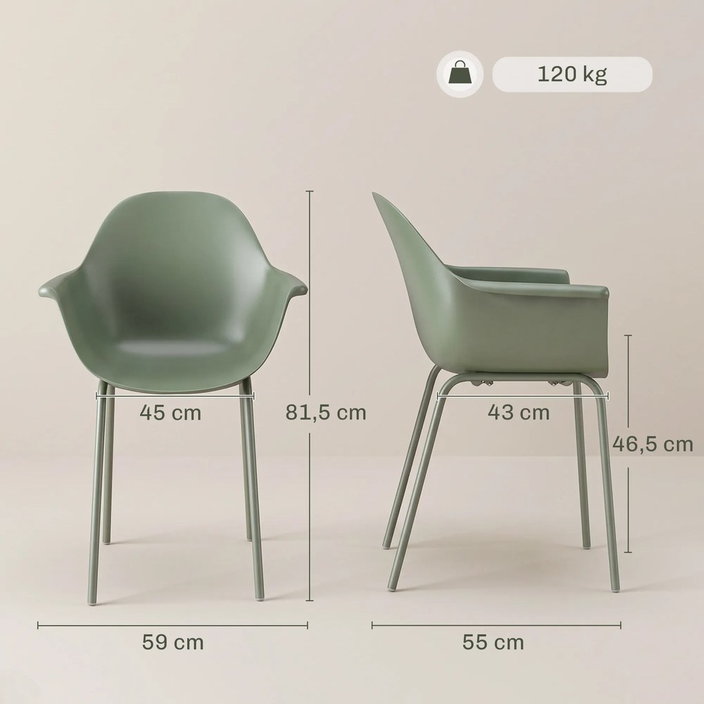 Outsunny Sada 4 zahradních židlí s opěradlem/područkami, odolná proti povětrnostním vlivům, do 120 kg, plast/kov, zelená barva