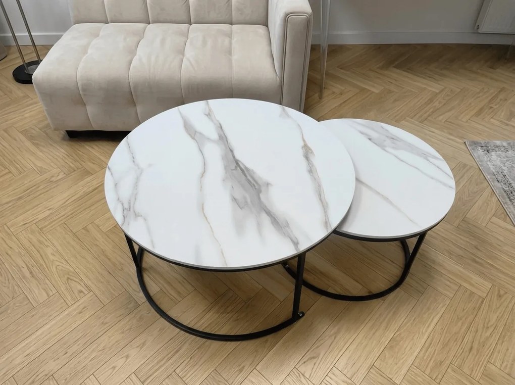Sada 2 kulatých konferenčních stolků MARBLEX, černá/bílý mramor
