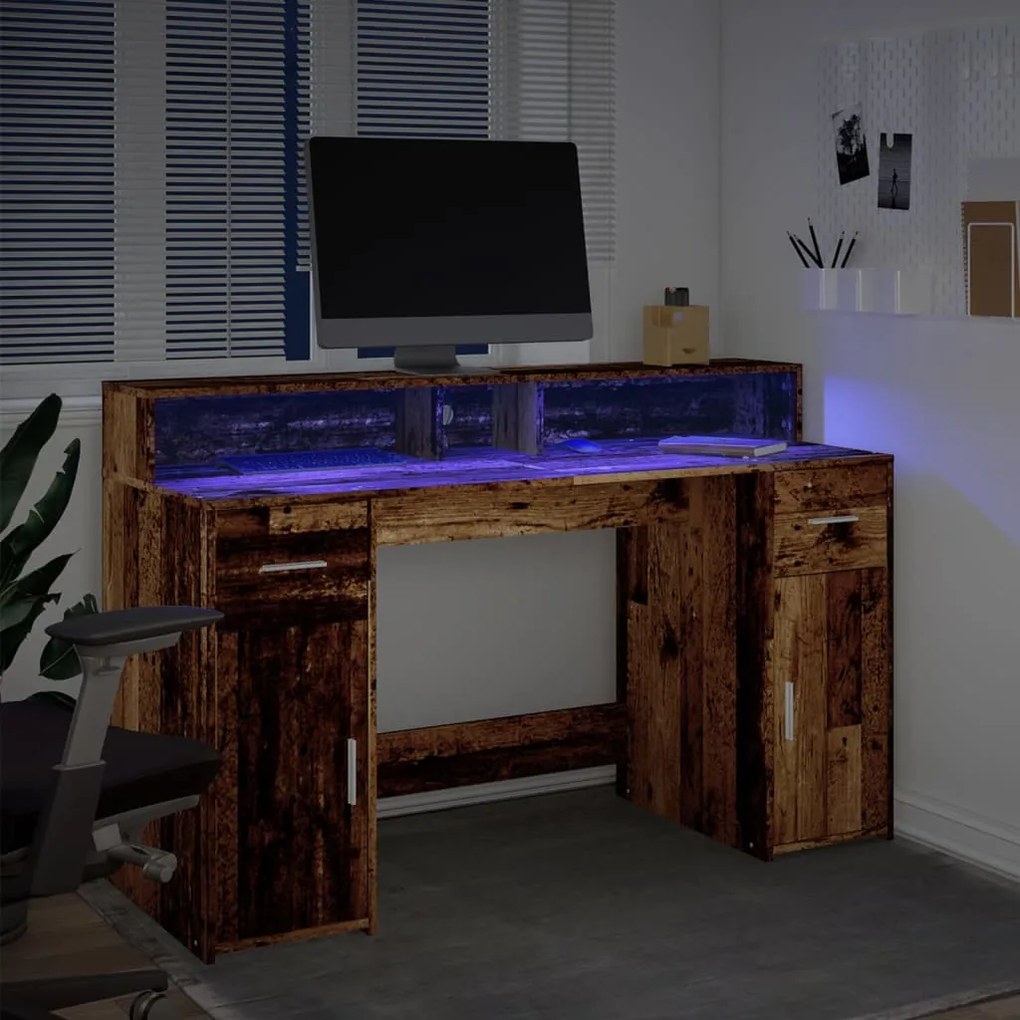 Psací stůl s LED světly old wood 140x55x91 cm kompozitní dřevo 3309427