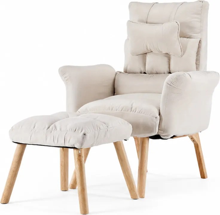 relaxační křeslo, polohovací, s podnožkou, dřevo/textil, 101x85x69 cm, nohy světlé/béžová, Dekorino SILVANA