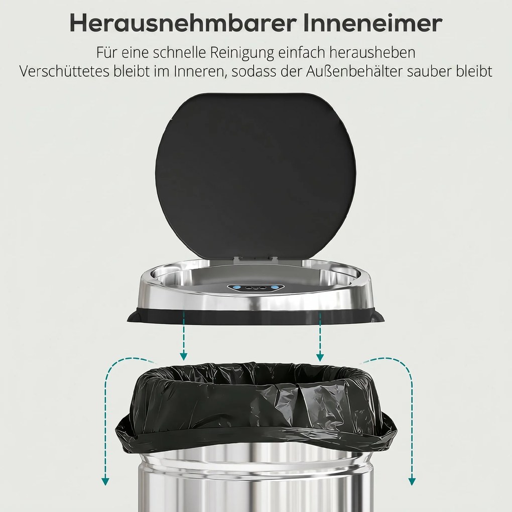 HOMCOM 42 L senzorový odpadkový koš, automatický odpadkový koš, nerezový kuchyňský koš s infračerveným senzorem, pro kuchyň, jídelnu