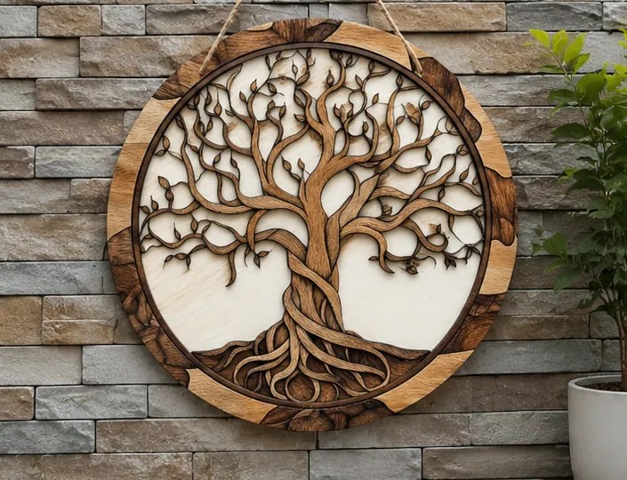 dekorace na zeď, dřevo, 20x20 cm, strom života, barva přírodní, Dekorino DZ20260023