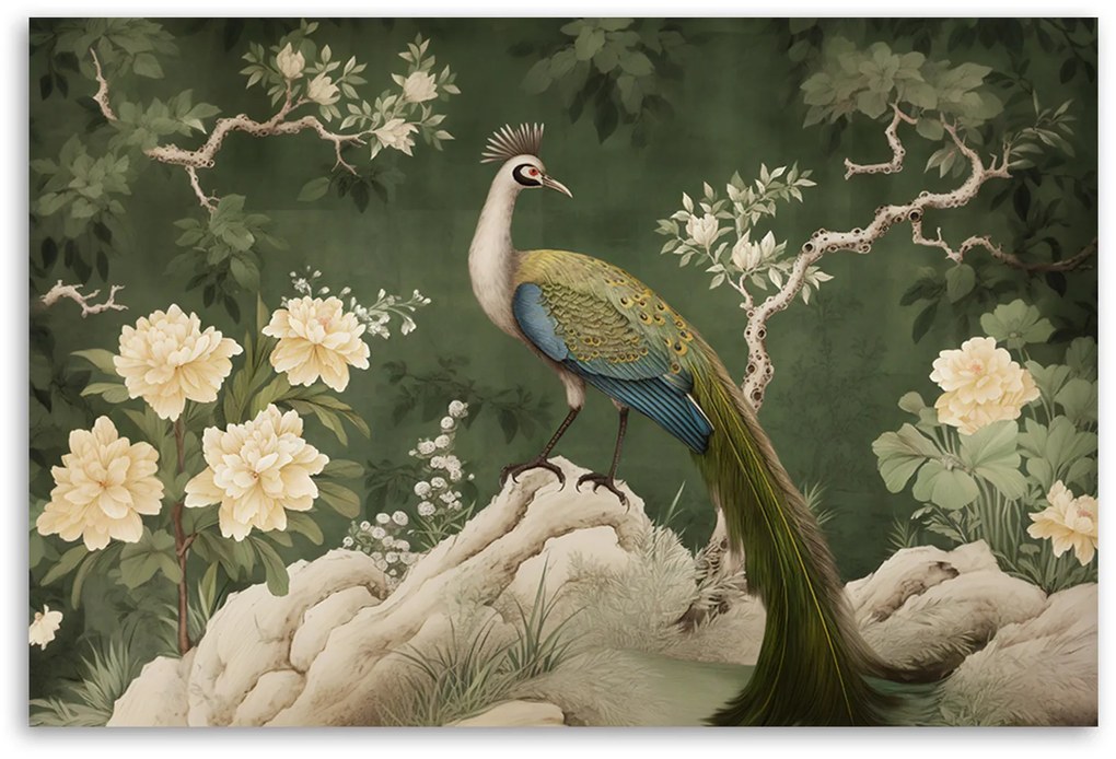 Gario Obraz na plátně Orientální páv na zeleném pozadí Rozměry: 60 x 40 cm