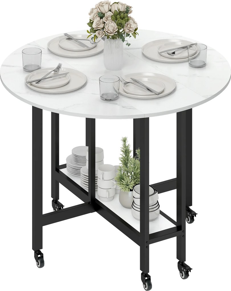 HOMCOM skládací jídelní stůl na kolečkách, kuchyňský stůl pro 4 osoby s integrovanou odkládací plochou, 100 x 75 cm, bílý