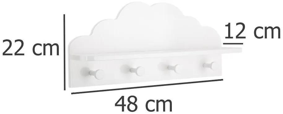 Bílá dětská polička CLOUD, 4 háčky, 48 x 22 x 12 cm