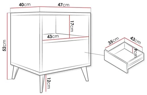 Noční stolek OVESSI 52x47 cm černá/dub artisan