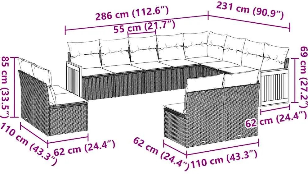 12dílná zahradní sedací souprava s poduškami černá polyratan 3228148