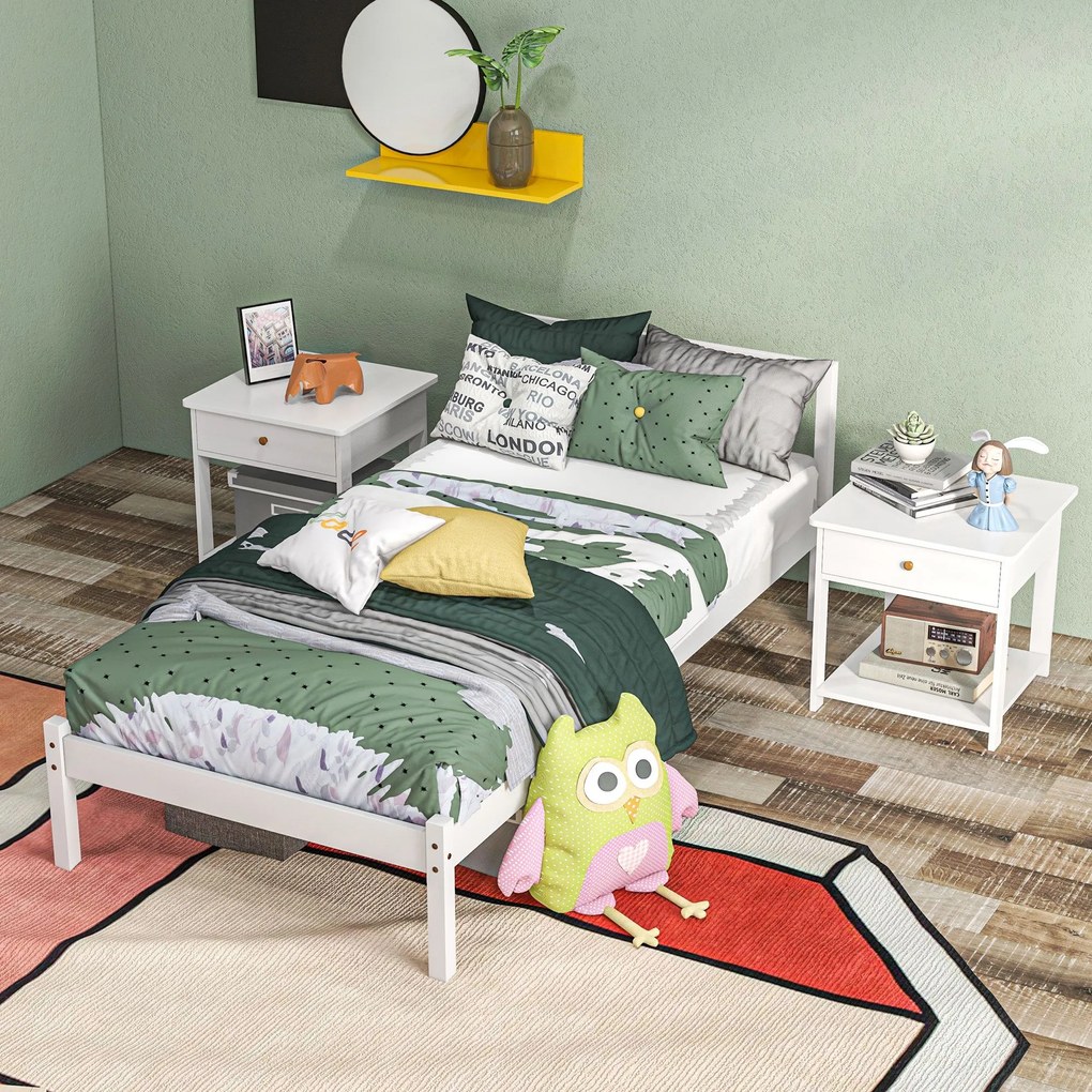 HOMCOM Dřevěný Rám Postele s Hlavovou Opěrkou pro Matratzi 90x190 cm (není součástí) Nosnost 120 kg 198x96x70 cm Bílý