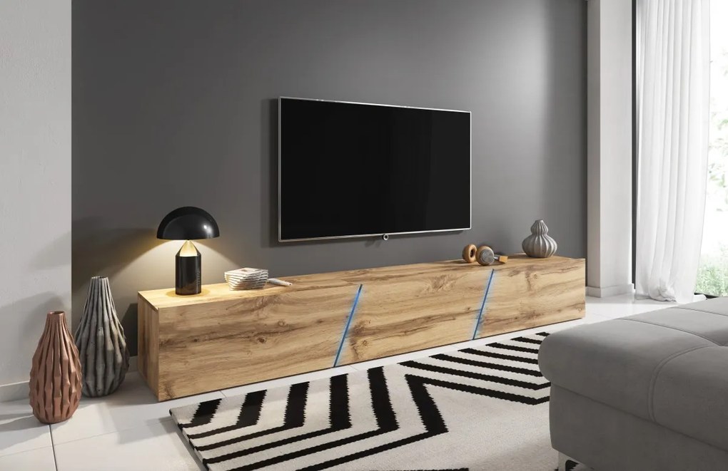 Závěsný TV stolek SLANT 240 cm s LED osvětlením dub wotan