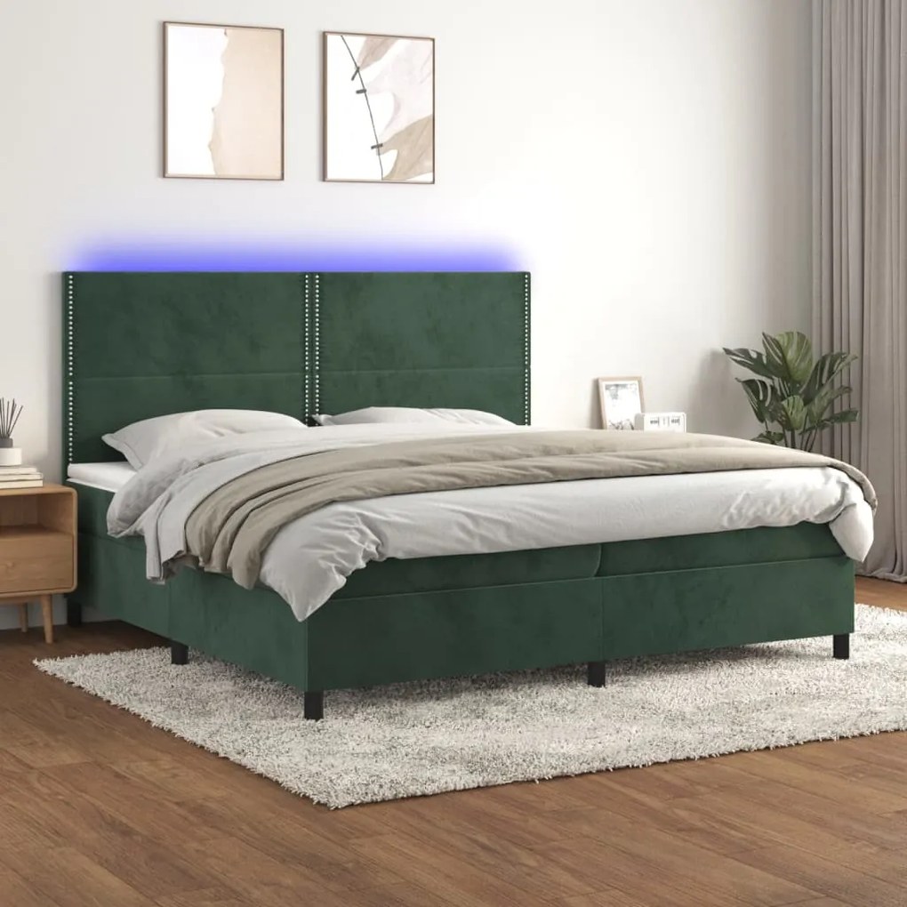 Box spring postel s matrací a LED tmavě zelená 200x200 cm samet 3136086