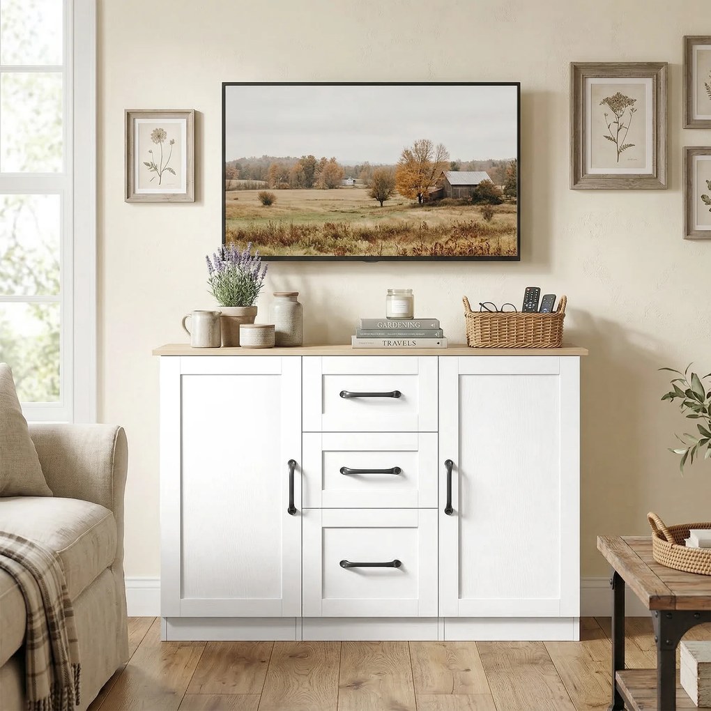 HOMCOM Komoda do obývacího pokoje, úložný nábytek se 2 dvířky s tichým dovíráním a 3 zásuvkami, 110x35x80,4 cm, bílá a přírodní dřevo