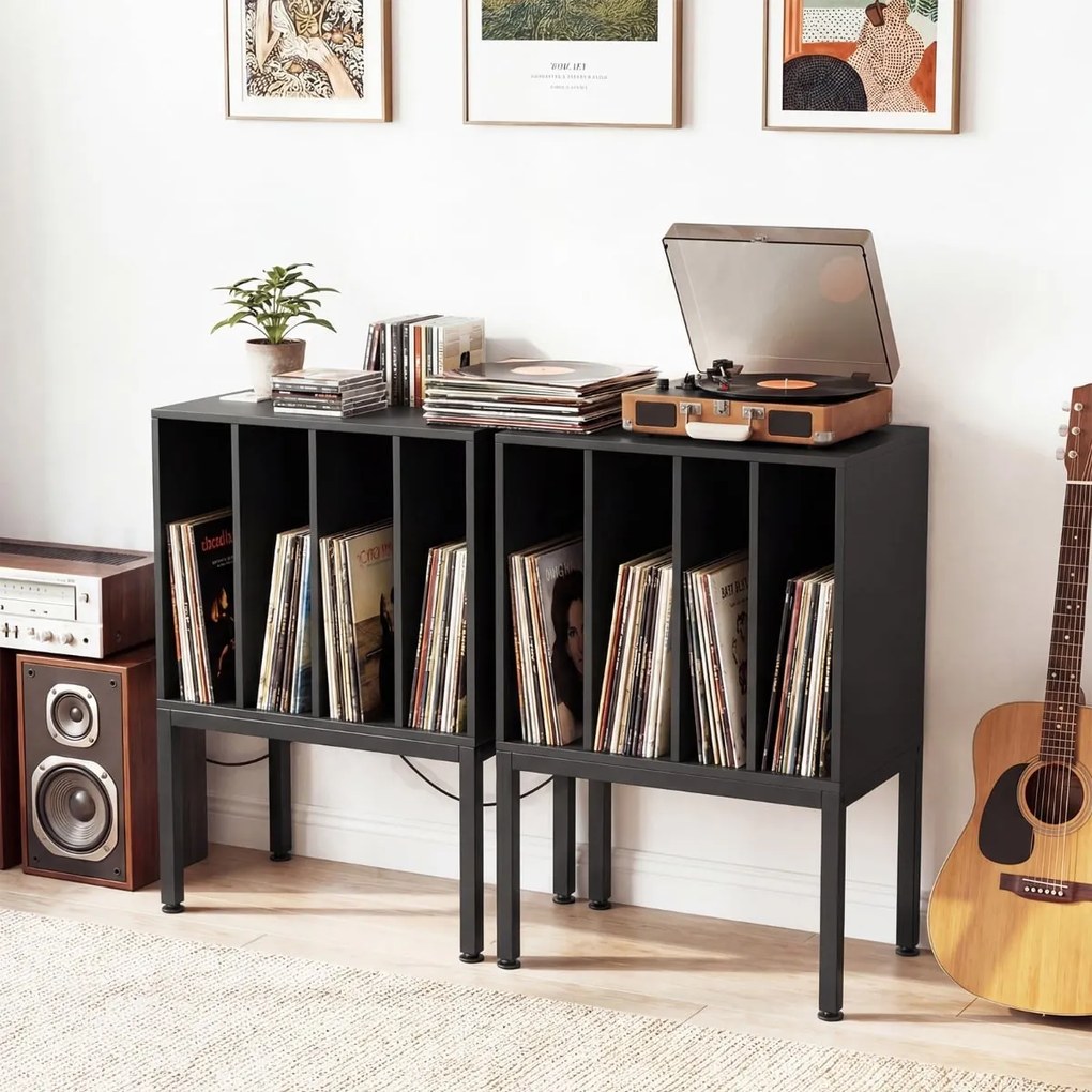 Costway Stojan na gramofon s integrovanou nabíjecí stanicí a 4 přepážkami