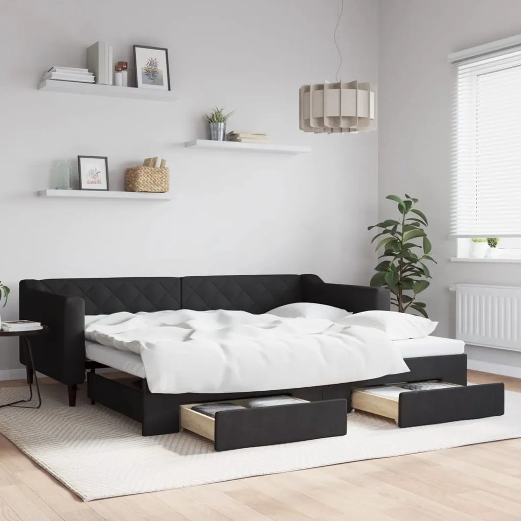Válenda s přistýlkou a zásuvkami černá 90 x 200 cm textil 3197464