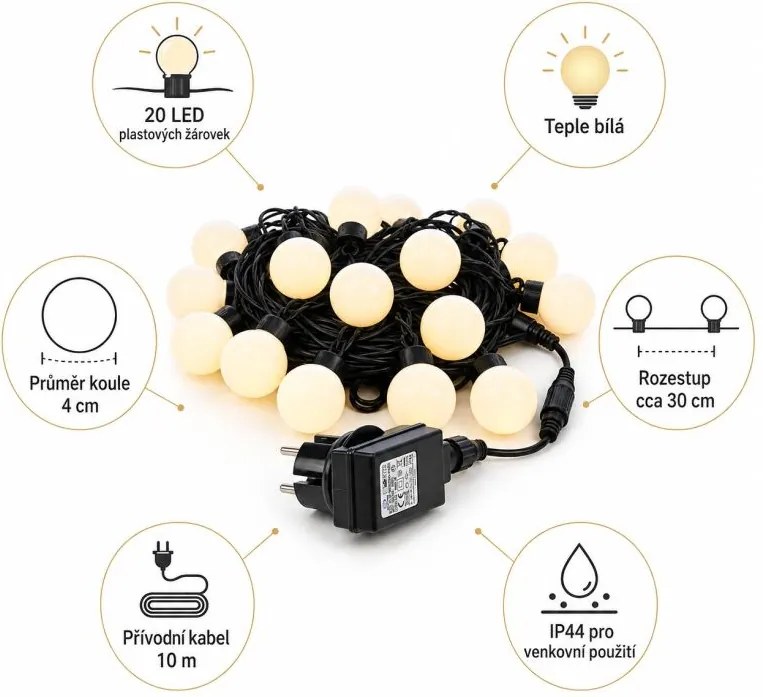 Zahradní párty osvětlení s 20 LED světly, 16 m, teplá bílá