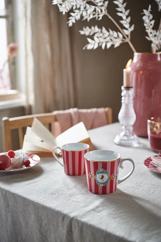 Pip Studio Love Birds Medallion Stripes hrnek 165ml, červeno-růžový (malý hrnek 165ml)
