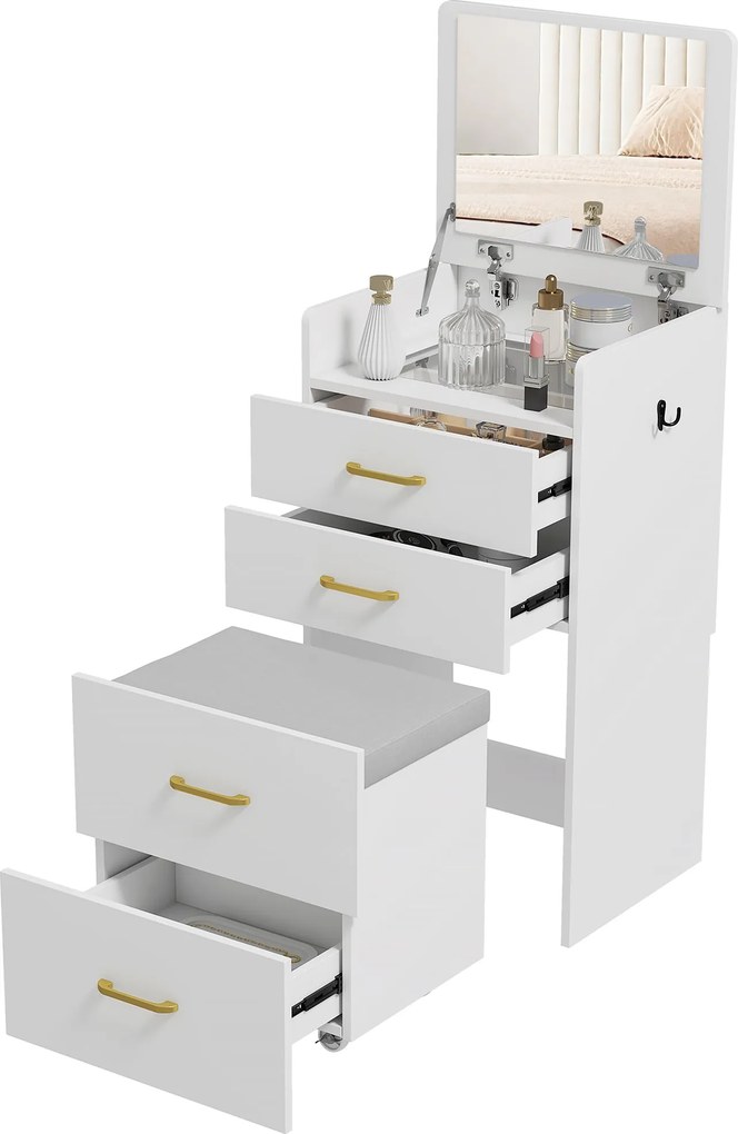HOMCOM 3-v-1 Toaletní Stolek se Židlí - Toaletní Stolek s Zrcadlem, Zásuvkami a Skleněnou Deskou - Moderní Toaletní Stolek do Ložnice 48x40x90 cm Bílý