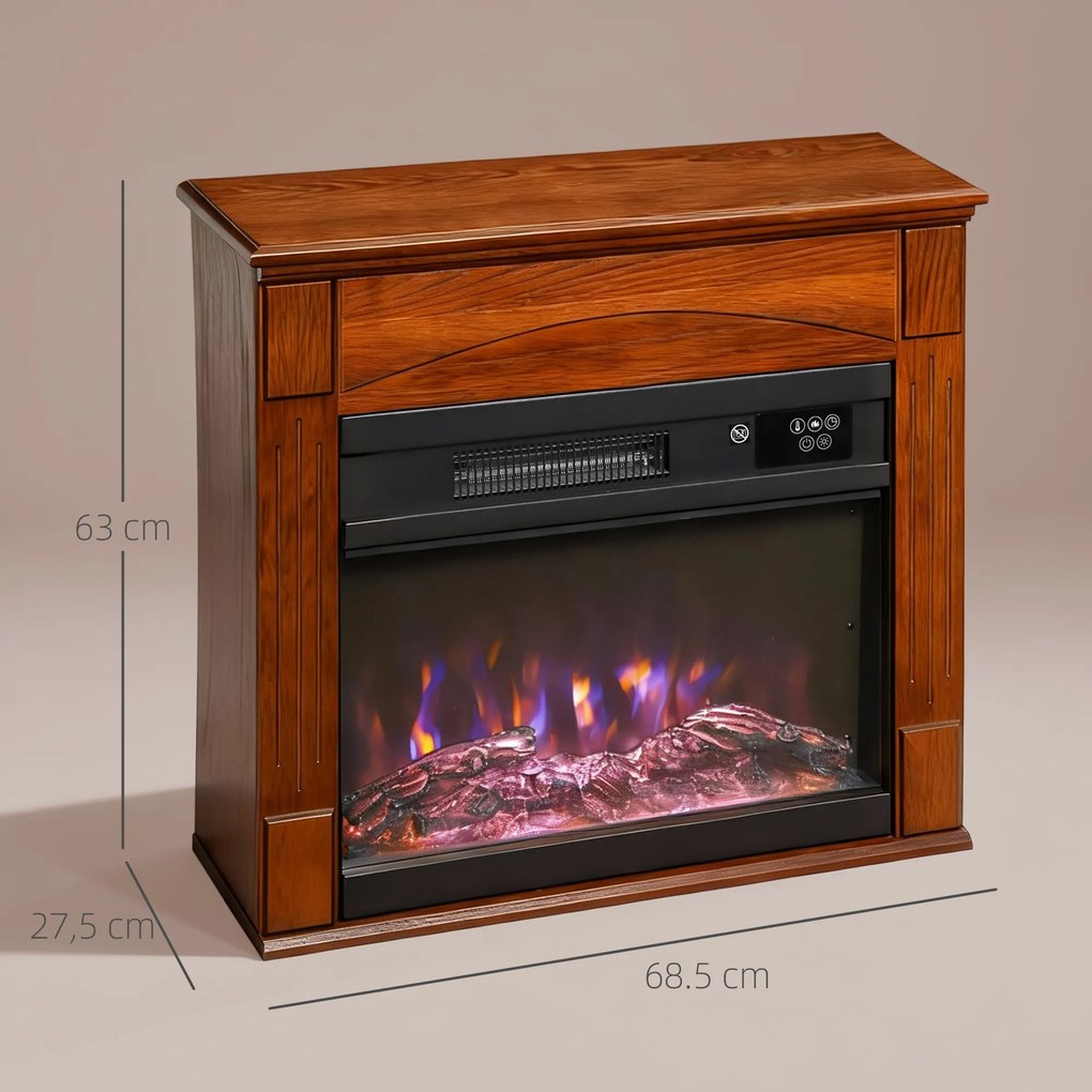 HOMCOM elektrický krb 1000W/2000W, dekorativní krb s 3D plamenovým efektem ve 6 barvách a 3 úrovních jasu, 68,5 x 27,5 x 63 cm, hnědá