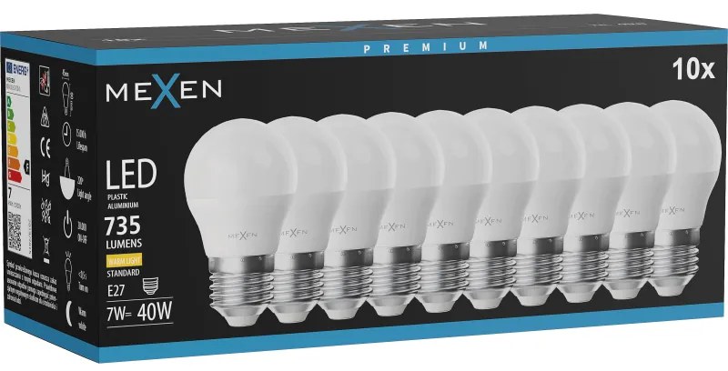 Mexen Nova 10x LED žárovka E27, G45, 7W, Teplá - 3000K, 735 lm - L101-E27-0730-01x10