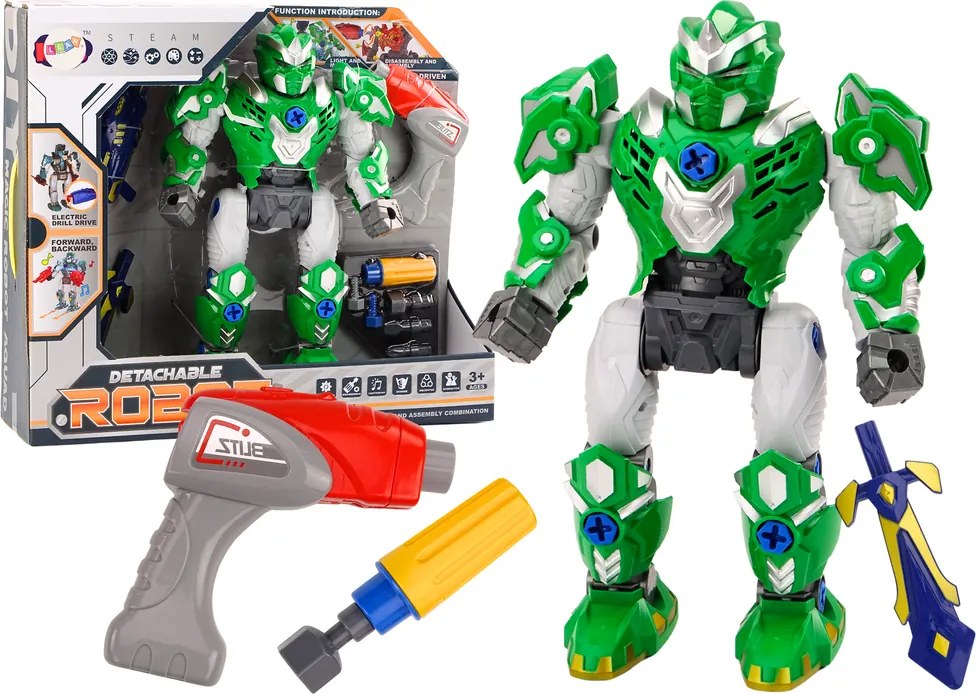 LEAN Toys Robot na šroubování, zbraň, vrtačka, šroubovák, světla, zvuk, zelená barva