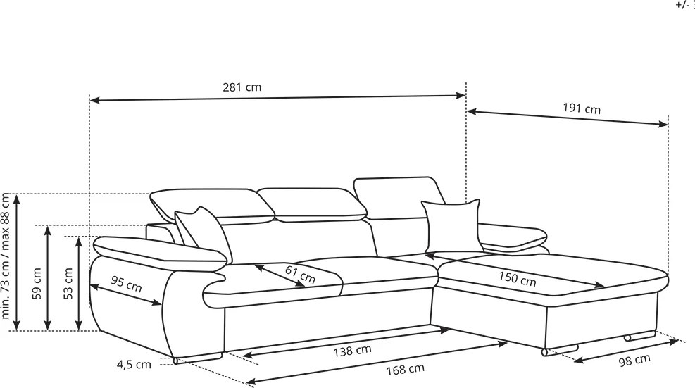 Sedací souprava COOL | 281x191 cm | rozkládací + úložný prostor | PRAVÁ | lounge 18 světle šedá