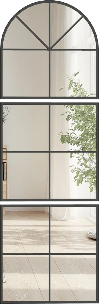 HOMCOM nástěnné zrcadlo 60 x 180 cm trojdílné, zakřivené zrcadlo s kovovým rámem, dekorativní visící zrcadlo, okno zrcadlo pro koupelnu a obývací poko