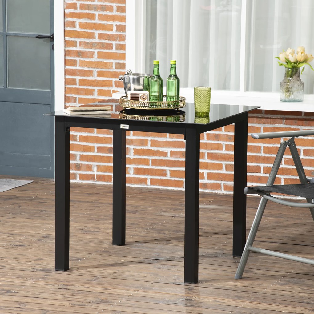 Outsunny zahradní stůl čtvercový pro 4 osoby, stůl na terasu s deskou z tvrzeného skla, hliníková černá 80x80x74cm pro zahradu a balkon