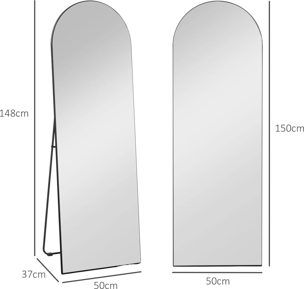 HOMCOM Celoplošné zrcadlo, 150 x 50 cm, nástěnné zrcadlo se stojanem, zakřivený design, stojací zrcadlo s ochrannou fólií proti střepům, do obývacího…