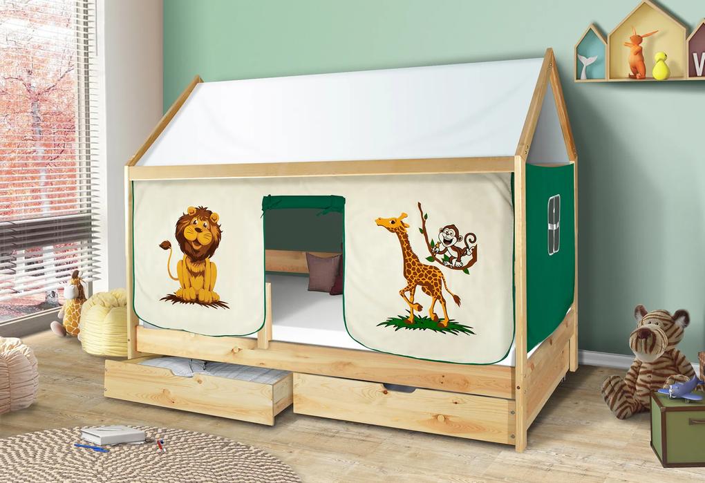 Dětská domečková postel Mike přírodní 200 x 90 cm + domeček safari a stříška