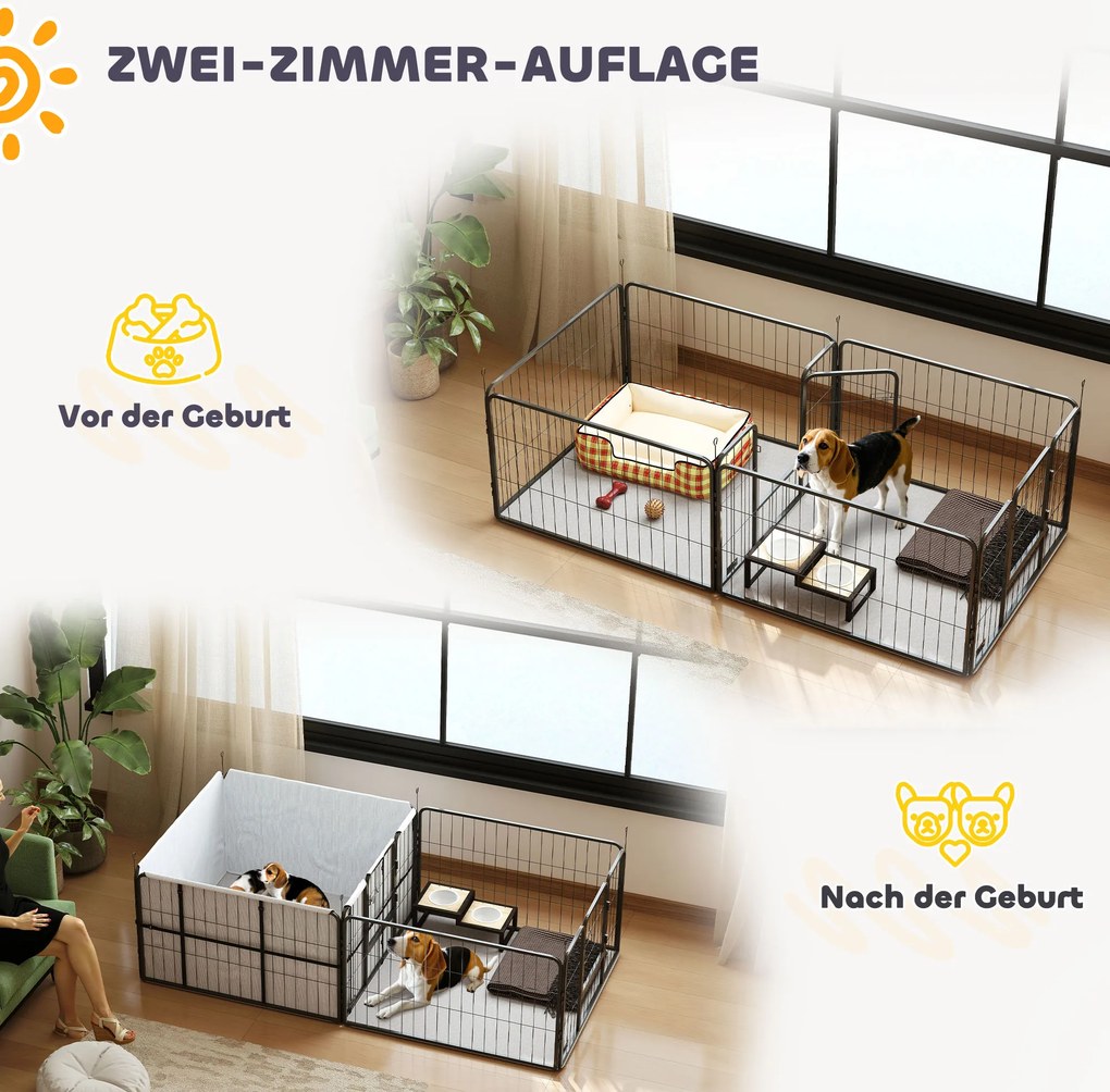 PawHut Pelíšek pro štěňata, ohrádka pro štěňata se 7 panely, 2 plochy, omyvatelná podložka pod stelivo, 203x102x60cm černá