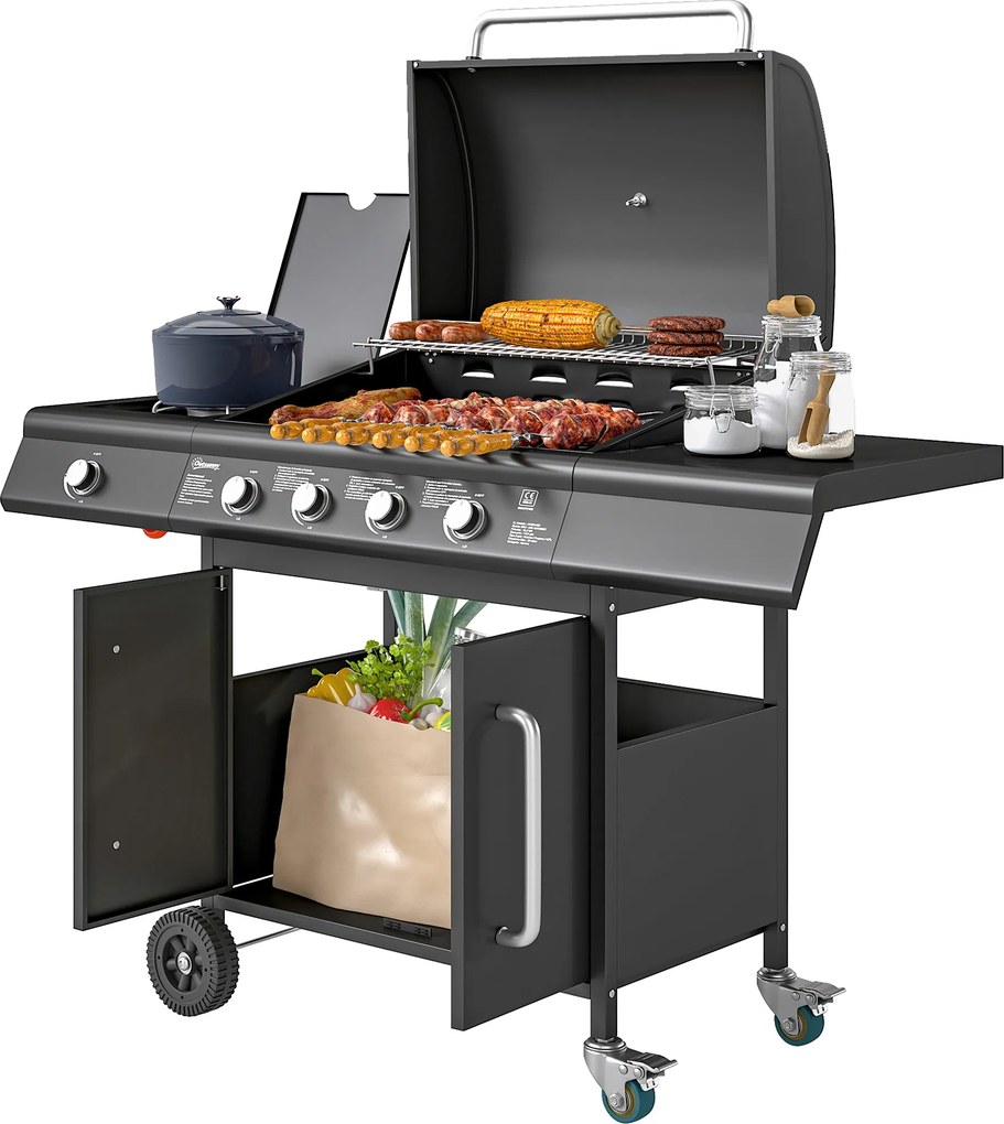 Outsunny Plynový gril 15,2 KW, grilovací vozík včetně 5 nerezových hořáků, kolečka, boční vařič, 129,5 x 56 x 110 cm, černá