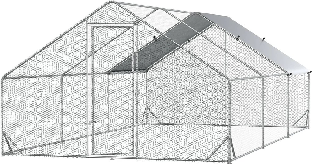 PawHut Kurník s voliéra, 300 x 600 x 200 cm, ocelový kuřecí výběh s víkem, dveřmi, pro 12-18 kuřat a malé zvířata, stříbrná | Aosom