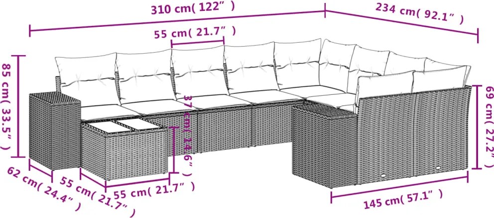 10dílná zahradní sedací souprava s poduškami béžová polyratan 3255396