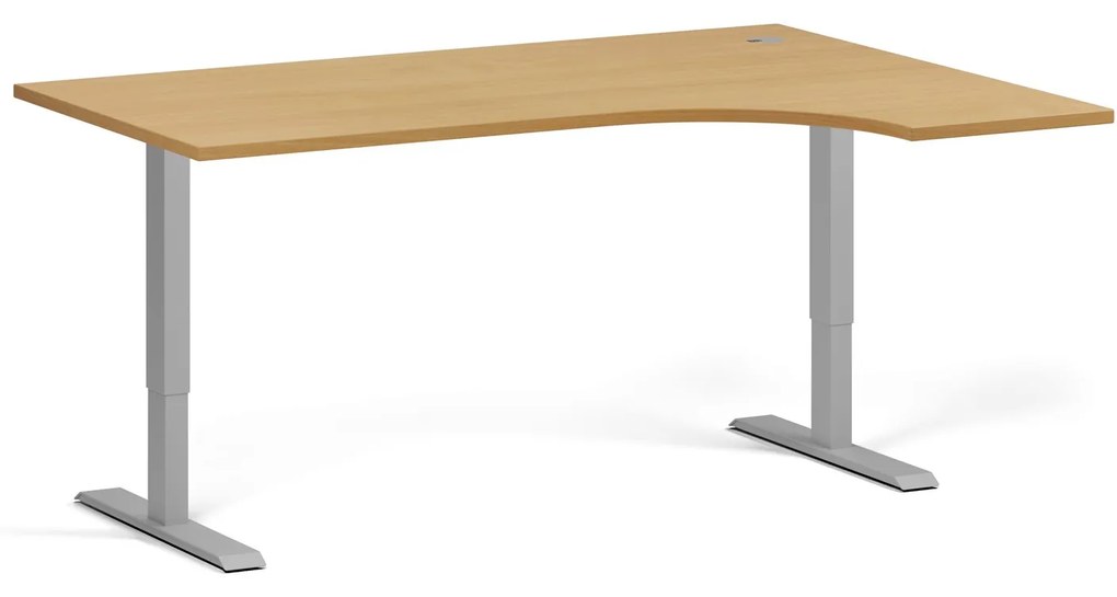 Rohový výškově nastavitelný stůl, 160x120 cm, 2 motory, L/P, šedá podnož, buk