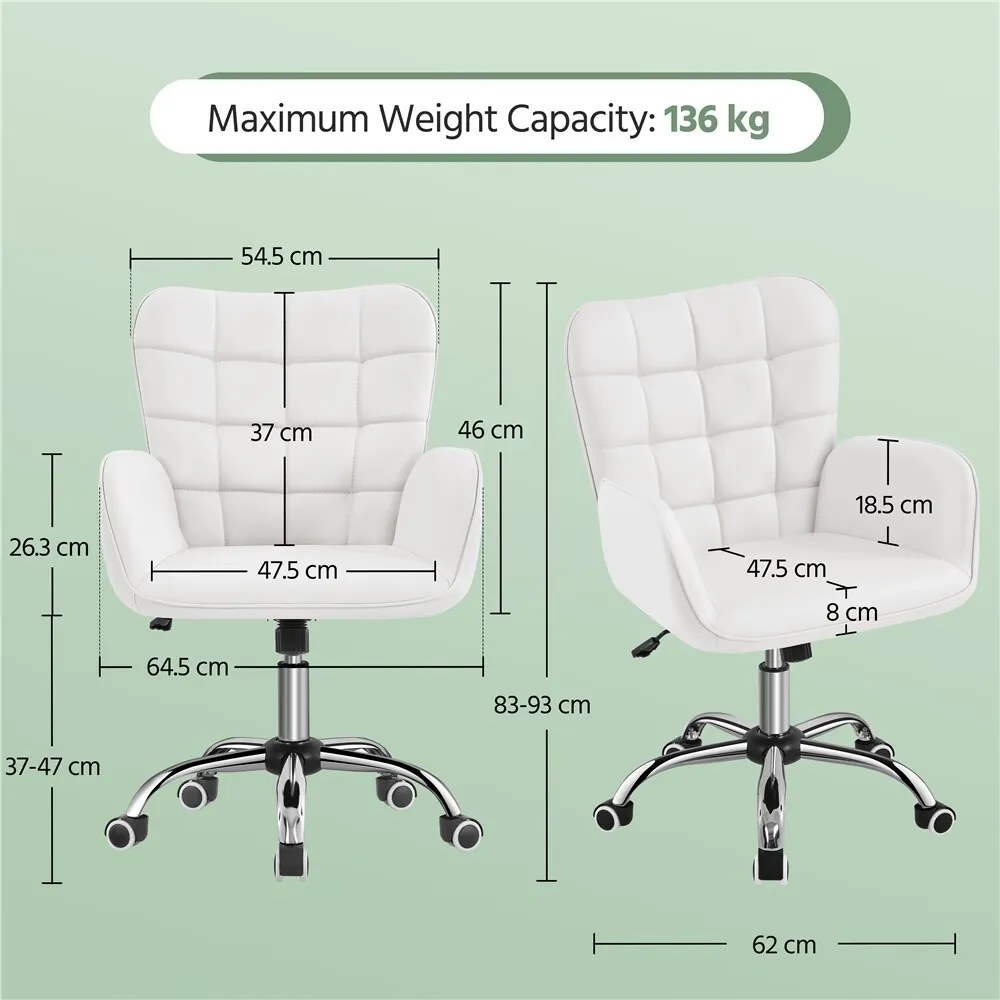 Kancelářská židle Yaheetech – bílá, 65,5 cm (délka) × 64,5 cm (šířka) × 83 cm – 93 cm (výška) (266457291649)