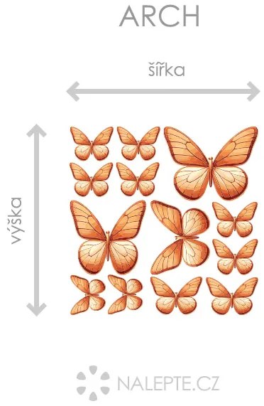 Motýli světle oranžoví 13ks textilní přelepitelná samolepka na zeď arch 30 x 30 cm