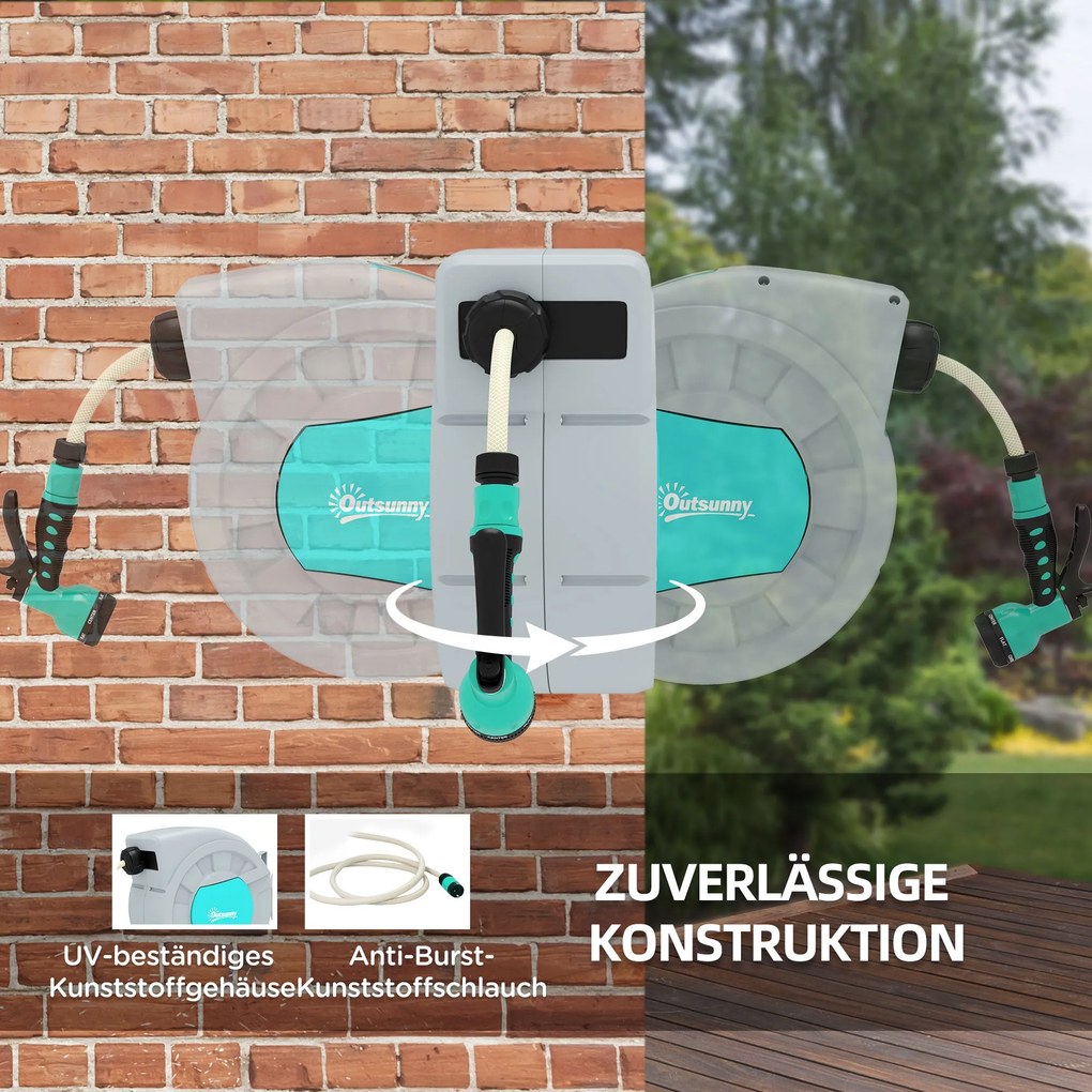 Zavlažovací cívka Outsunny s hadicí 25 m, 180° otočný box, montáž na zeď, automatické navíjení hadice, sprcha se 7 funkcemi, Zelená+Šedá