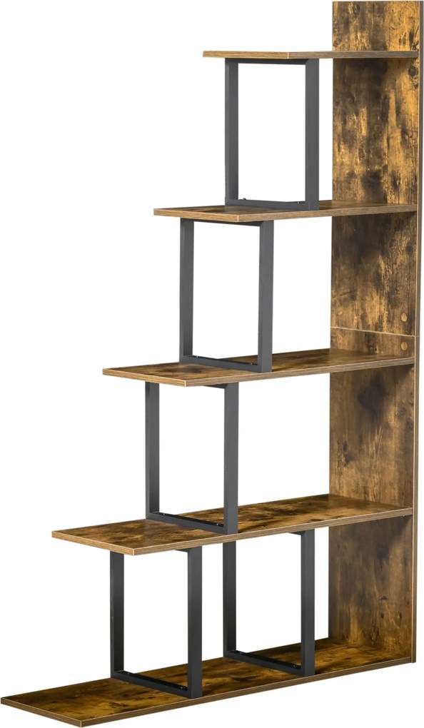 HOMCOM Knihařský regál s 5 policemi ve stylu industriálního schodiště 102 x 30 x 160 cm Rustikální hnědá