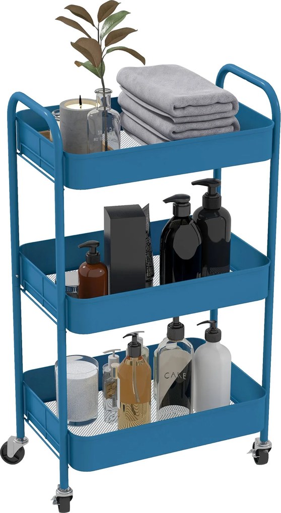 HOMCOM Úložný Vozík s Kolíky 3 Košíky a Ocelový Rám pro Obývací Pokoj, Ložnici, Kancelář a Kuchyň 45x30.6x79 cm Tmavě Modrý | Aosom