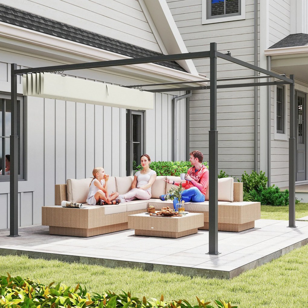 Outsunny pergola cca 3x3m, kovová střecha na terasu, zahradní pavilon s nastavitelnou střechou, volně stojící, UV ochrana 30+, na terasu a zahradu, k…