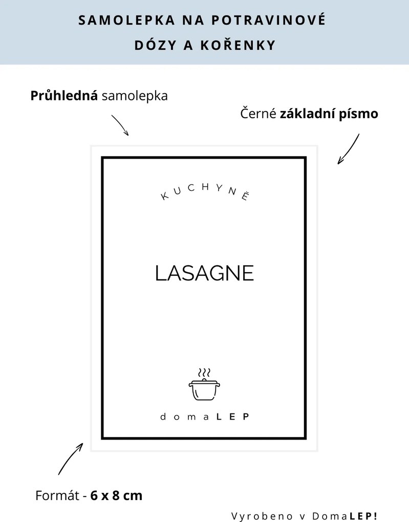LASAGNE – průhledná samolepka na dózu, základní písmo, 6 x 8 cm | DomaLEP