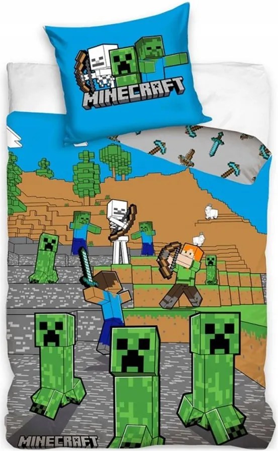 Bavlněné ložní povlečení Minecraft - motiv Time to Mine - 100% bavlna - 70 x 90 cm + 140 x 200 cm
