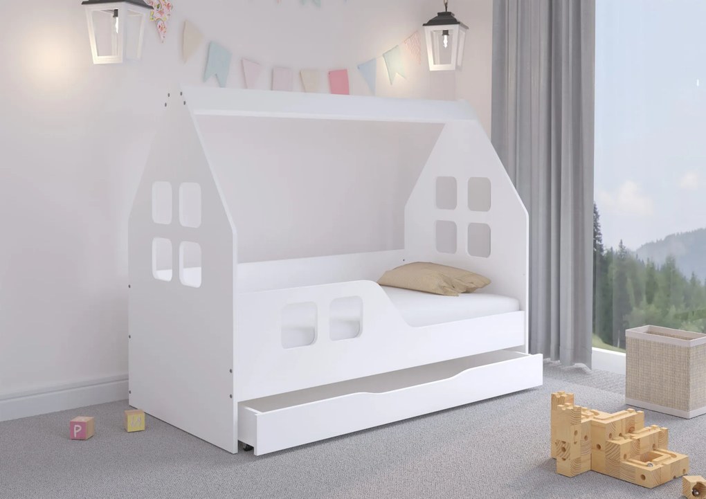 Dětská domečková postel KIDHOUSE se šuplíkem - bílá - levá - 140x70 cm