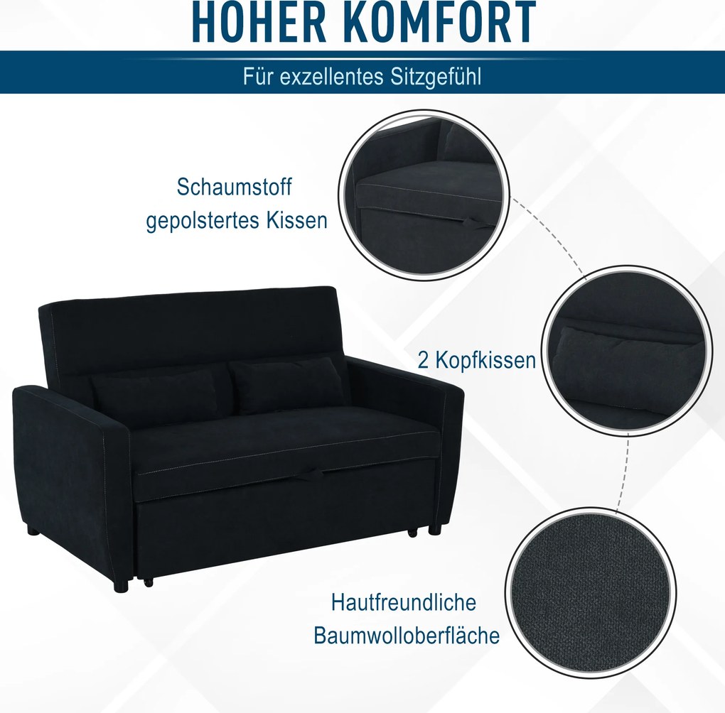 HOMCOM Rozkládací pohovka 2místná s funkcí spánku nastavitelný úhel látková pohovka černá 148 x 82 x 89 cm do obývacího pokoje | Aosom.de