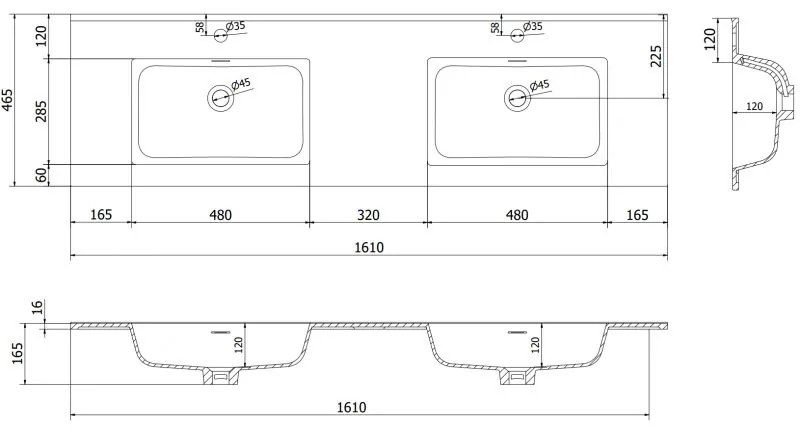 Mexen Otis, dvojité umyvadlo zapuštěné do desky 161 × 46,5 cm, černá matná, 25181671D