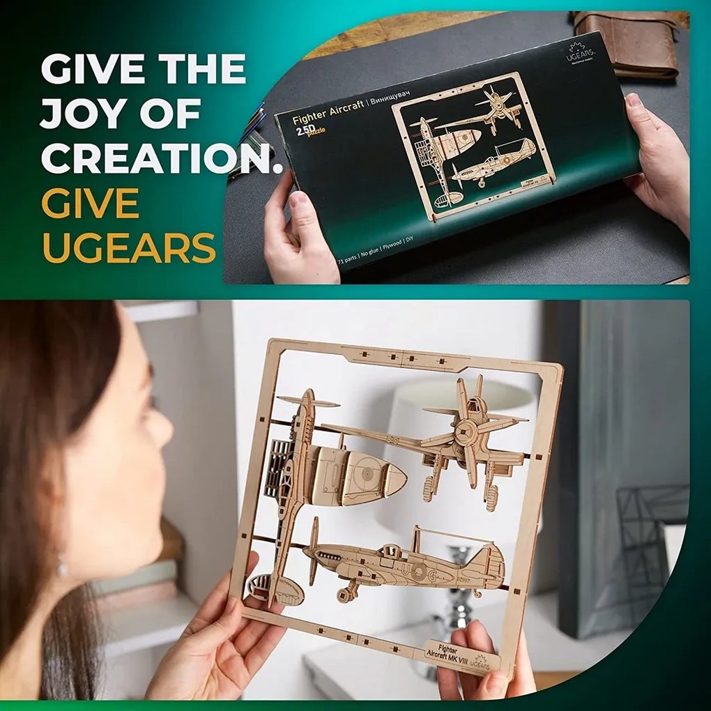 Ugears 2,5D dřevěné mechanické puzzle Stíhací letadlo