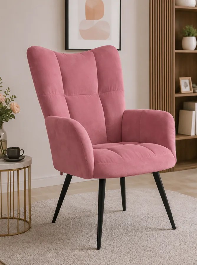 křeslo relaxační, odpočinkové, ušák, kov/samet, 98x63x69 cm, černá/růžová, Dekorino KR20260005